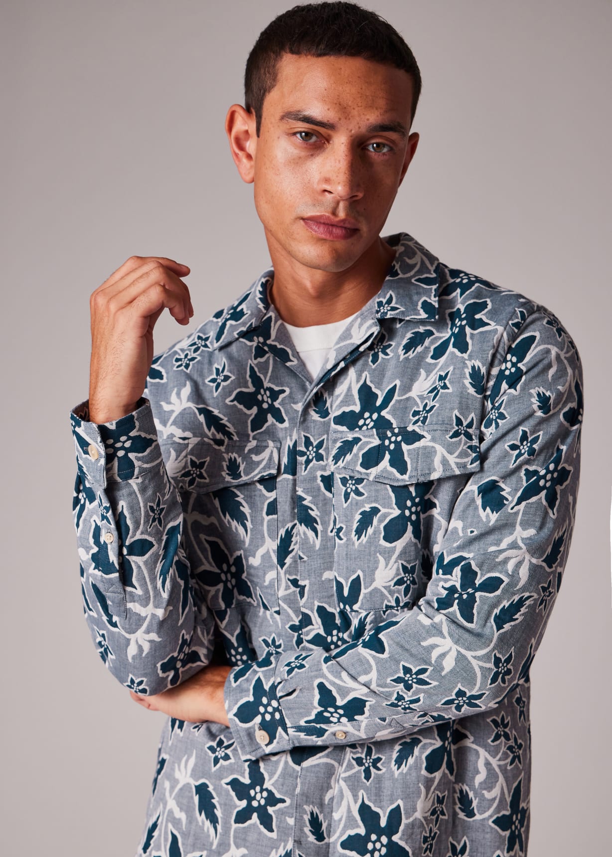 Men's Blue Floral Double-Face Cotton Shirt
