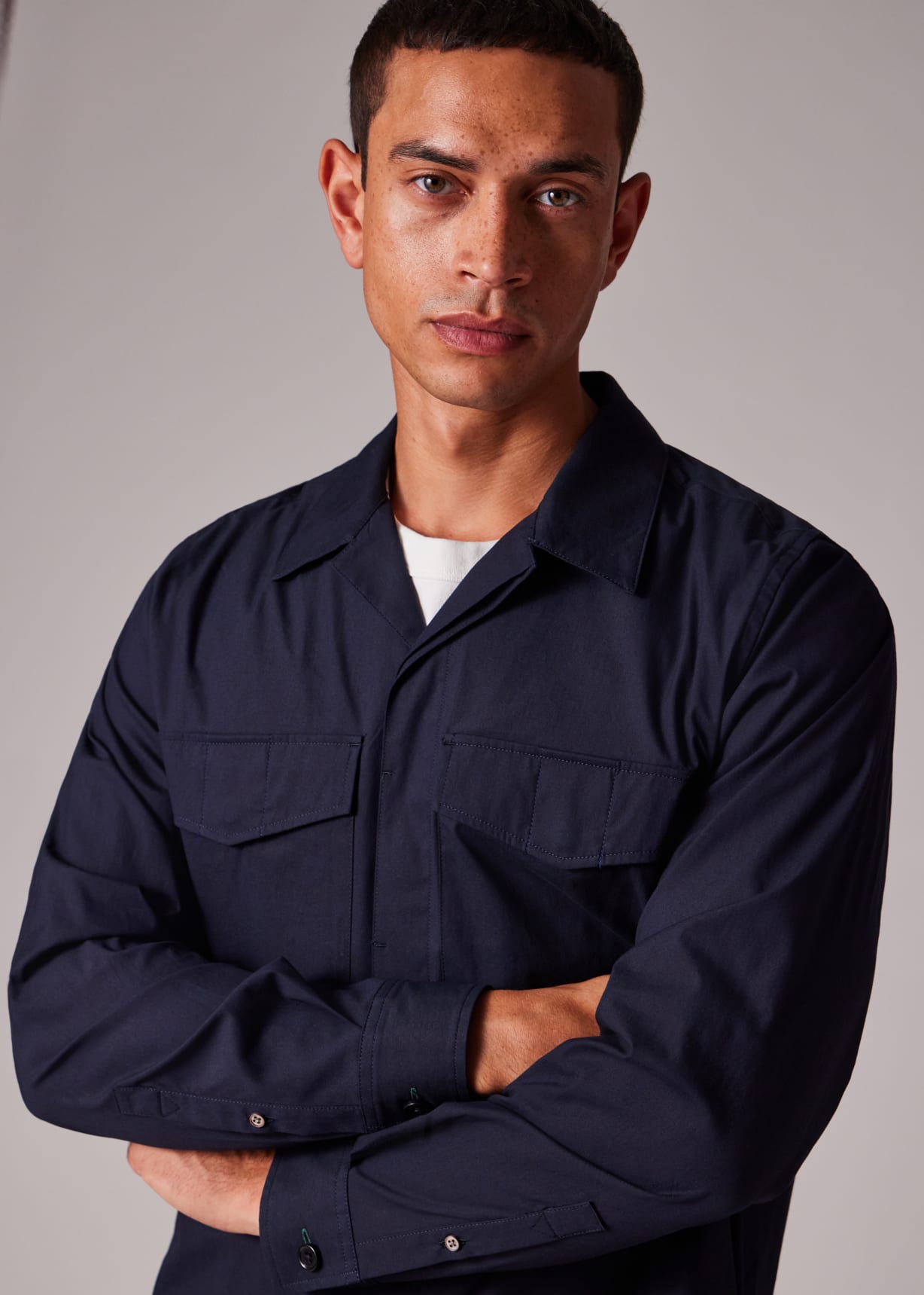 Men's Navy Cotton-Nylon Double Pocket Overshirt