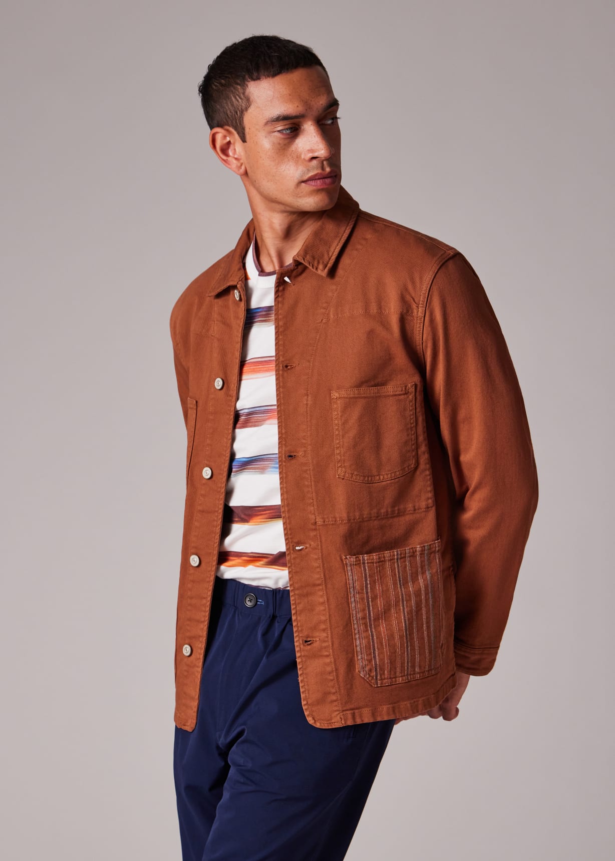 Rust Stretch Cotton-Twill Embroidered Stripe Chore Jacket