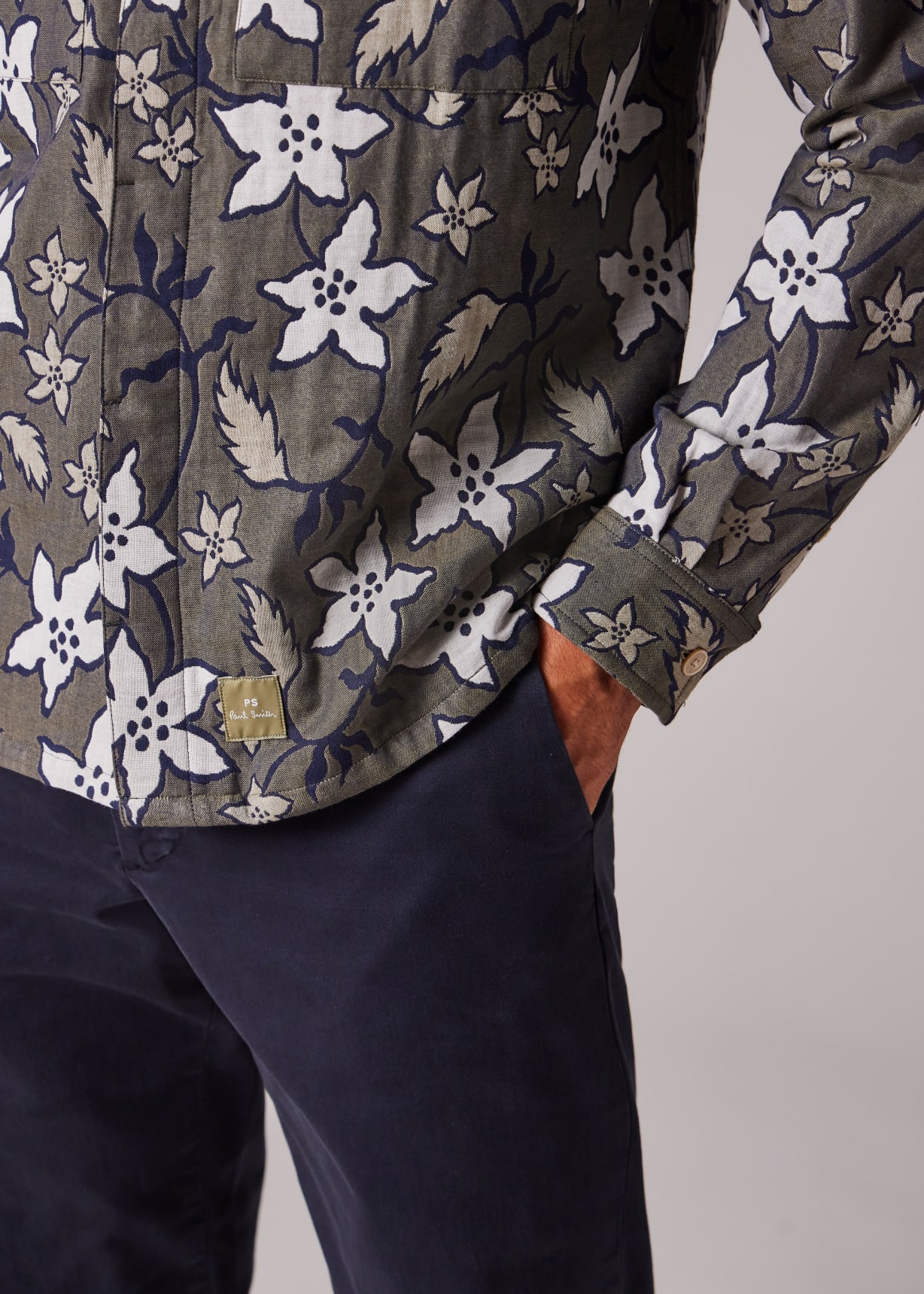 Men's Khaki Floral Double-Face Cotton Shirt