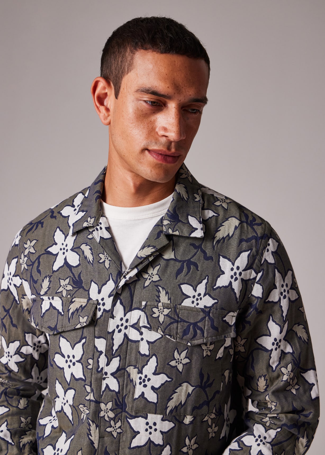 Men's Khaki Floral Double-Face Cotton Shirt