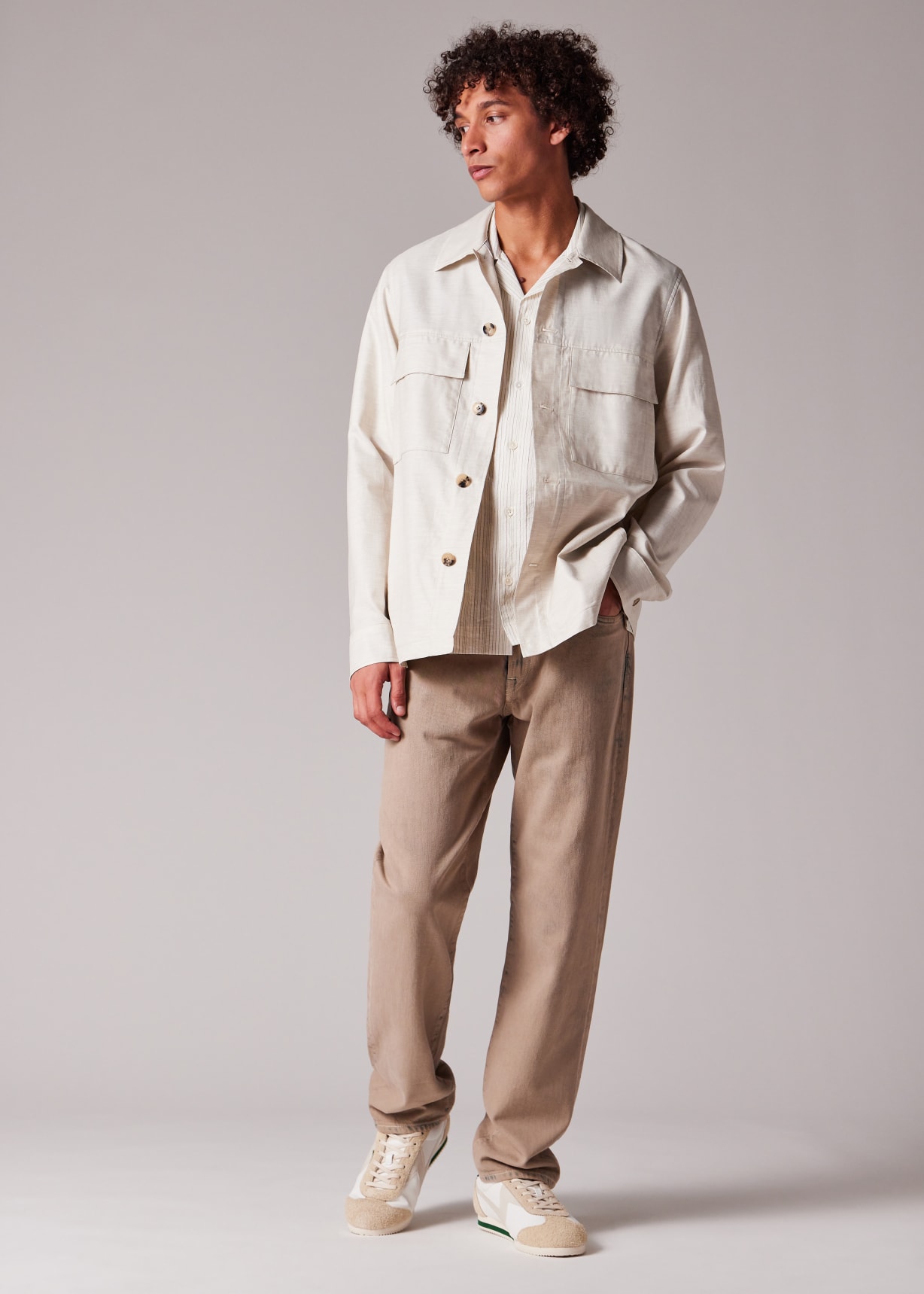Men's Cream Brushed Cotton-Twill Overshirt