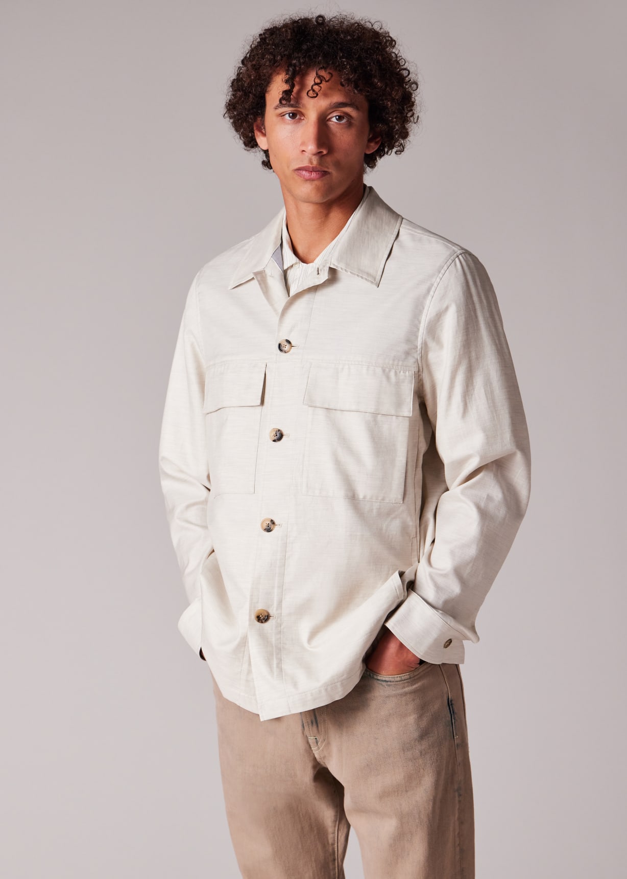 Men's Cream Brushed Cotton-Twill Overshirt