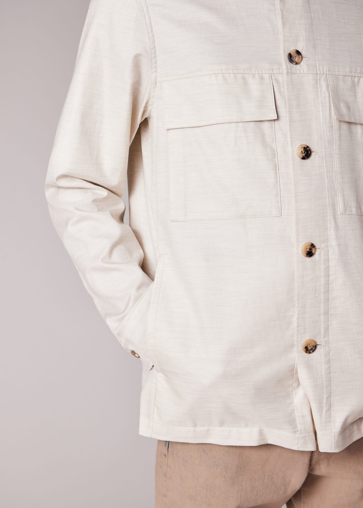 Men's Cream Brushed Cotton-Twill Overshirt