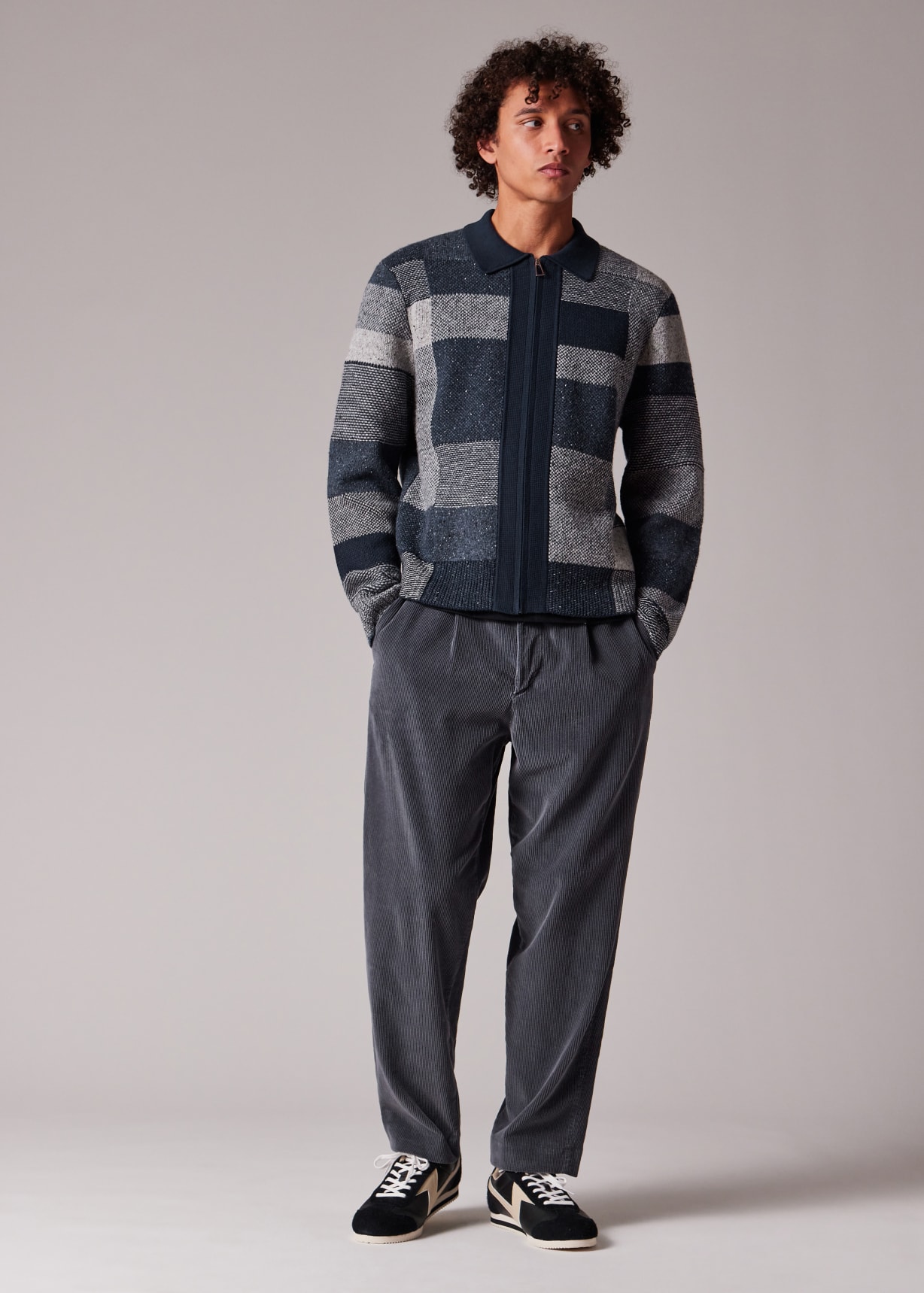 Men's Navy Tonal Patchwork Zip-Through Cardigan