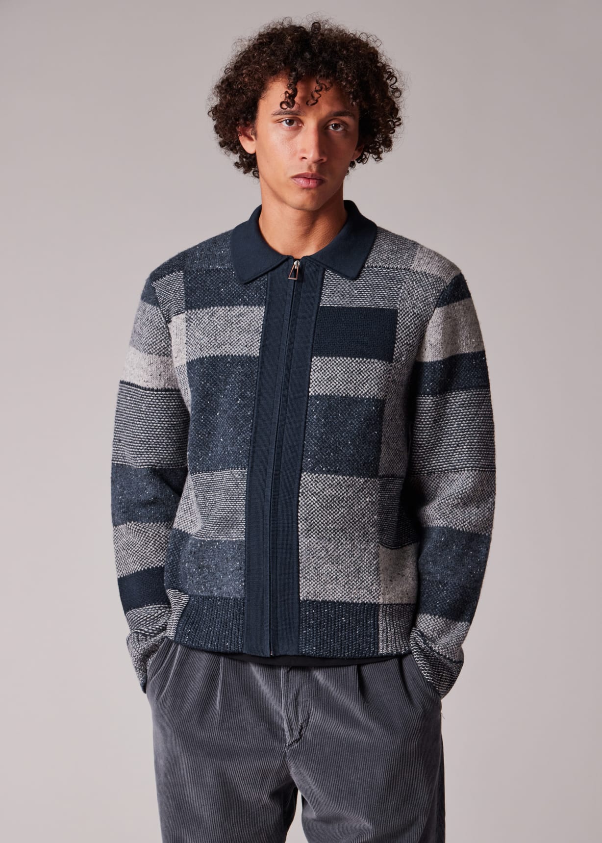 Men's Navy Tonal Patchwork Zip-Through Cardigan