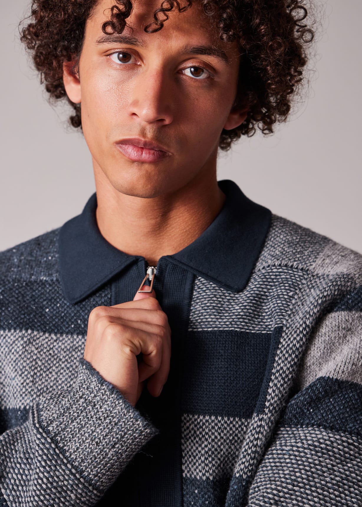 Men's Navy Tonal Patchwork Zip-Through Cardigan