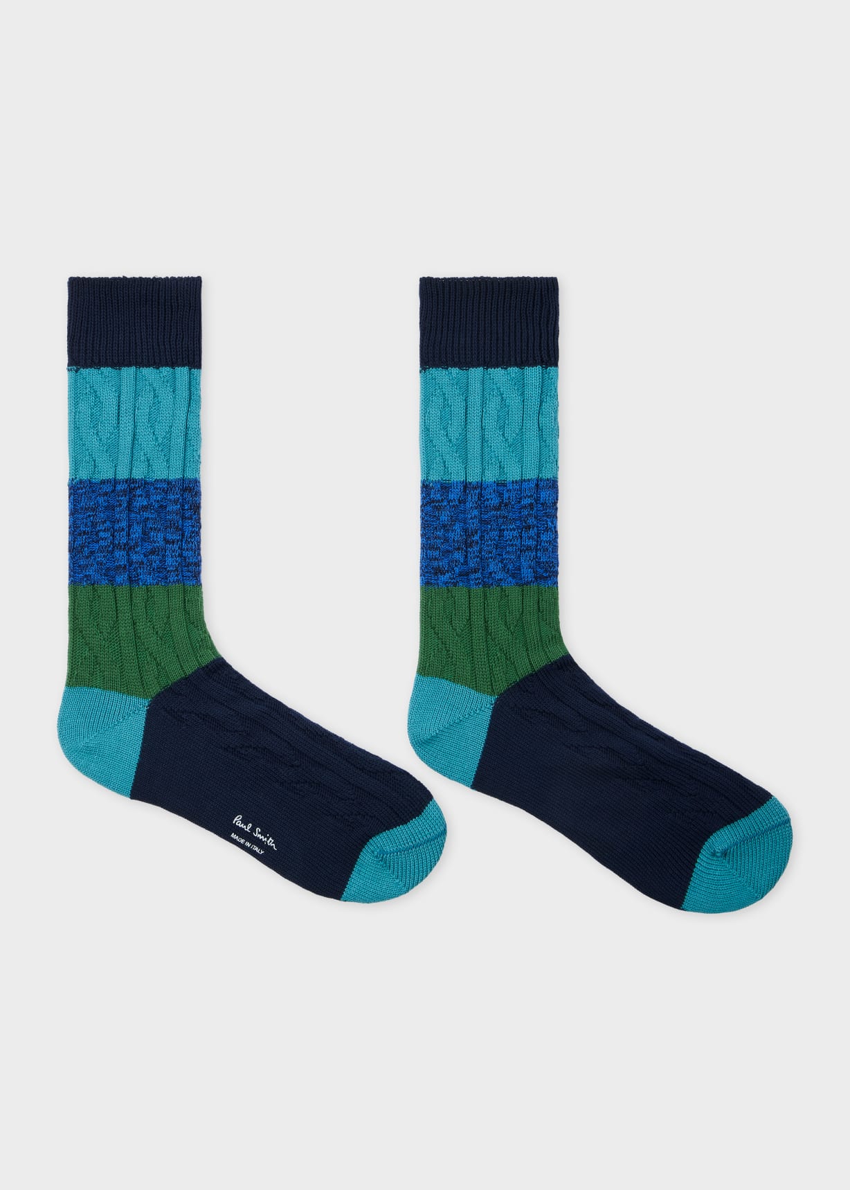 Blue Cable Knit Block Stripe Socks