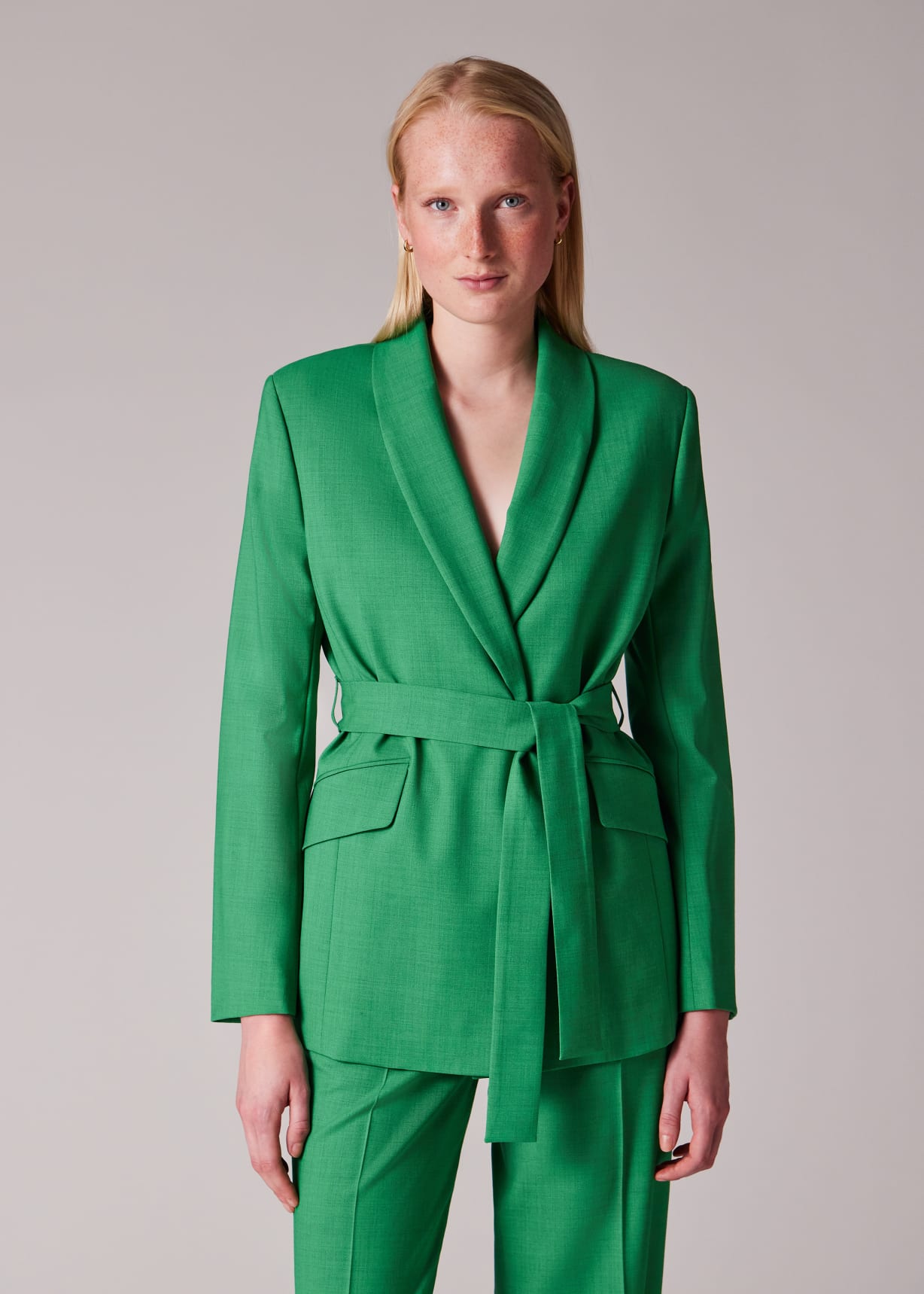 Women's Green Wool-Blend Tie Waist Jacket