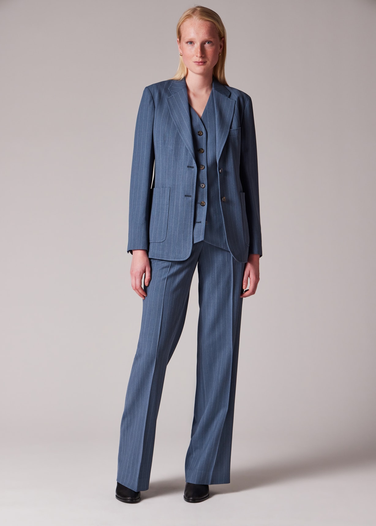 Women's Slate Blue Unlined Pinstripe Three-Piece Suit