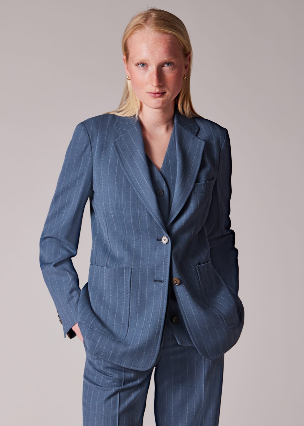Women's Slate Blue Unlined Pinstripe Three-Piece Suit