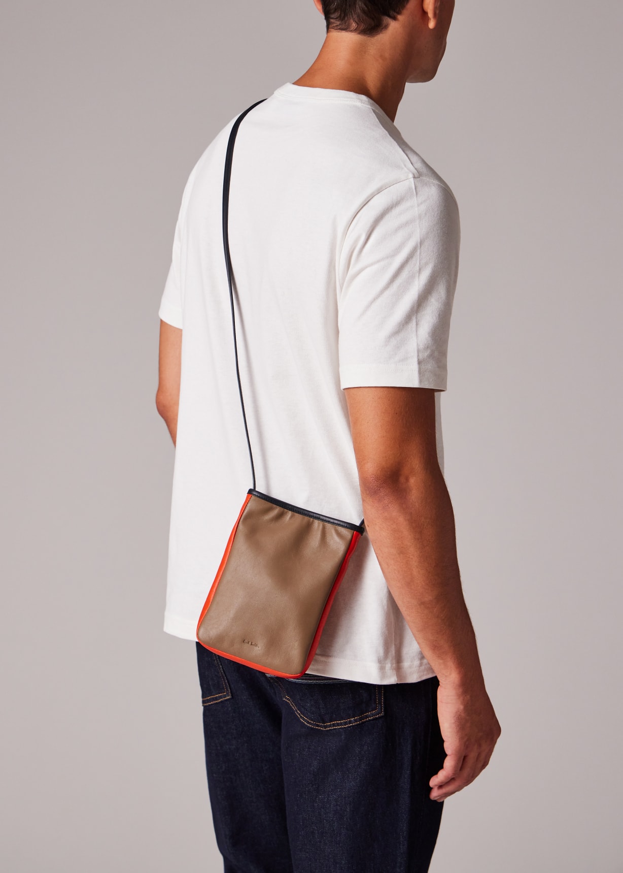 Men's Taupe Colour-Block Leather Pouch Bag