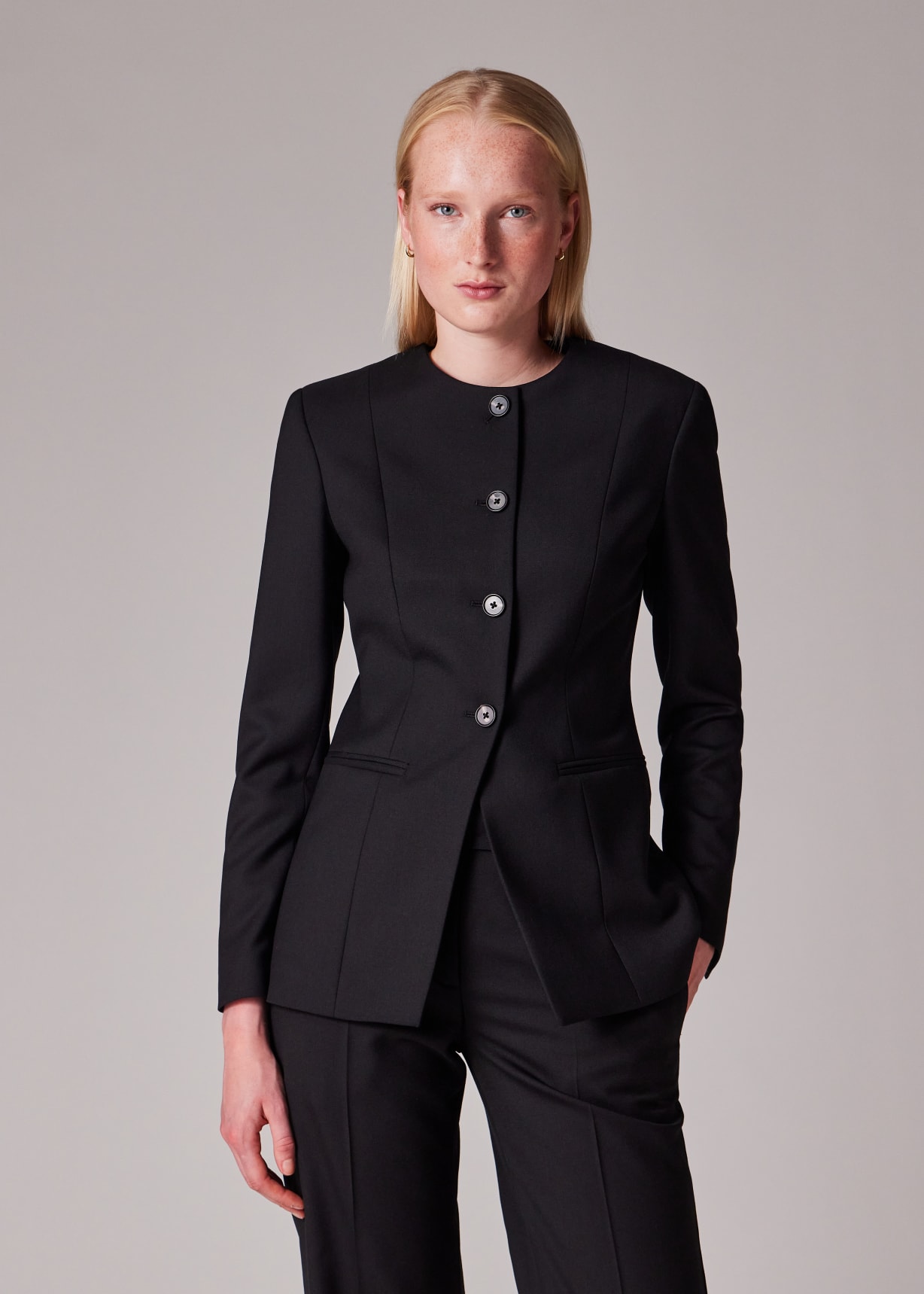 Women's A Suit To Travel In - Black Collarless Jacket Suit