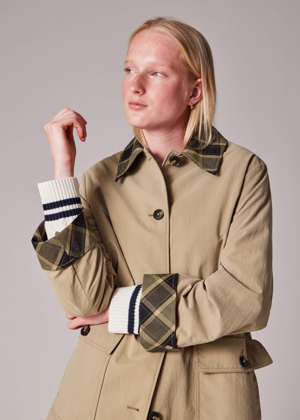 Women's Stone Nylon Mac with Contrast Check Trim