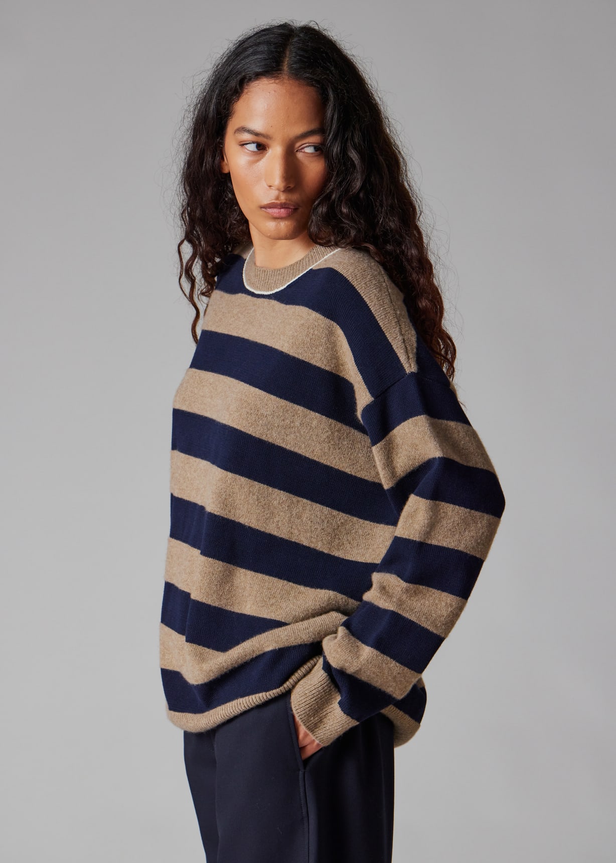 Women's Navy and Oatmeal Lambswool-Blend Striped Sweater