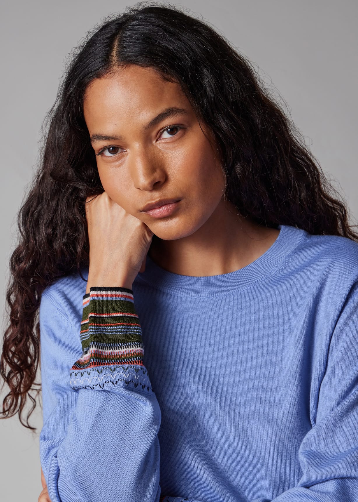 Women's Dusty Blue Merino Wool Stripe Cuff Sweater