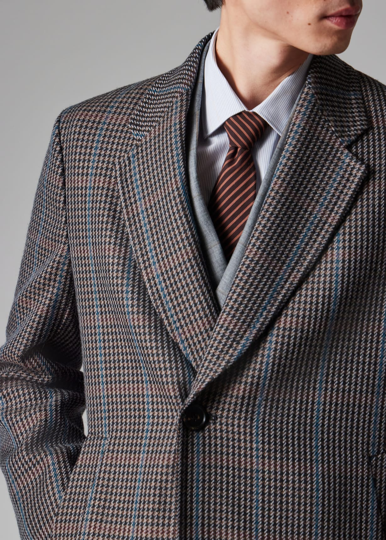 Men's Brown Multi-Houndstooth Wool-Blend Overcoat