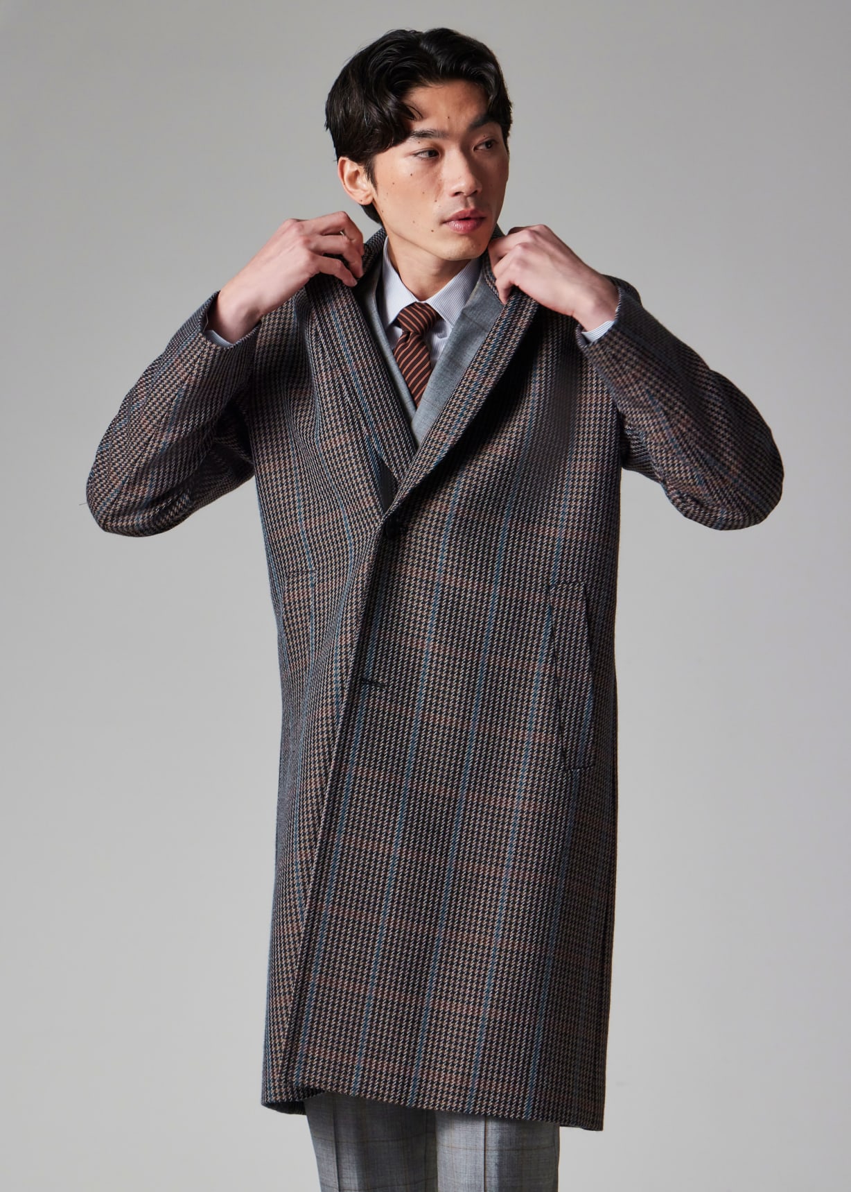 Men's Brown Multi-Houndstooth Wool-Blend Overcoat