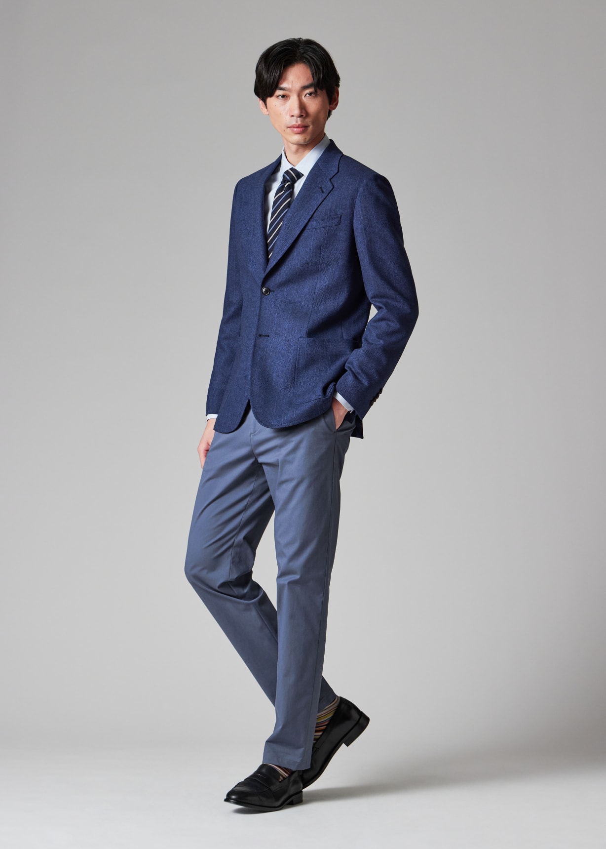Men's Blue Herringbone Wool-Cashmere Buggy-Lined Blazer