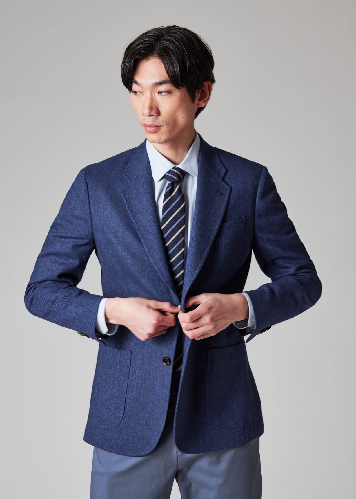Men's Blue Herringbone Wool-Cashmere Buggy-Lined Blazer