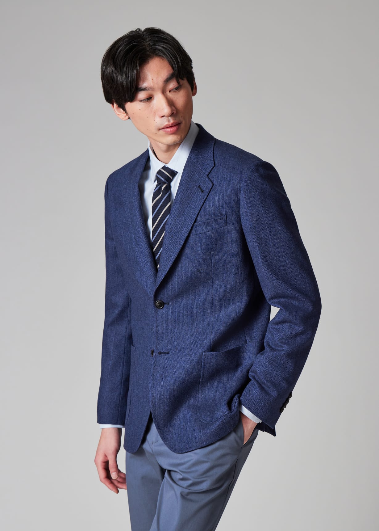 Men's Blue Herringbone Wool-Cashmere Buggy-Lined Blazer