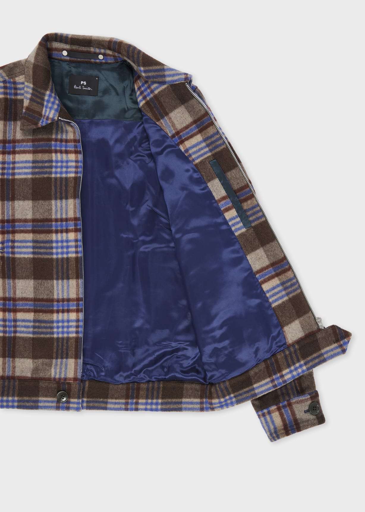 Men's Brown and Blue Brushed Wool-Blend Zip Jacket