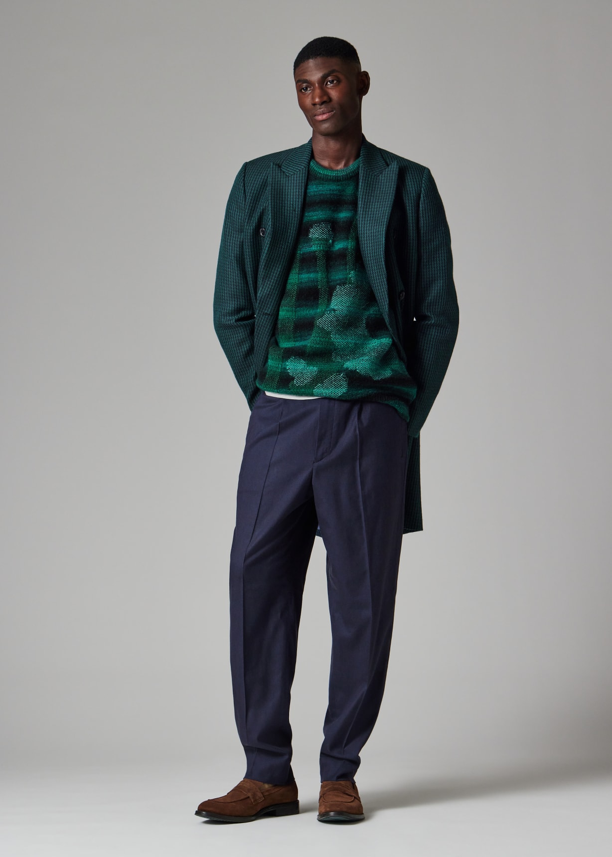 Men's Navy and Teal Houndstooth Wool-Blend Double Breasted Overcoat