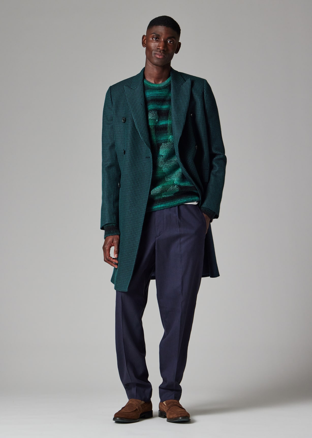 Men's Navy and Teal Houndstooth Wool-Blend Double Breasted Overcoat