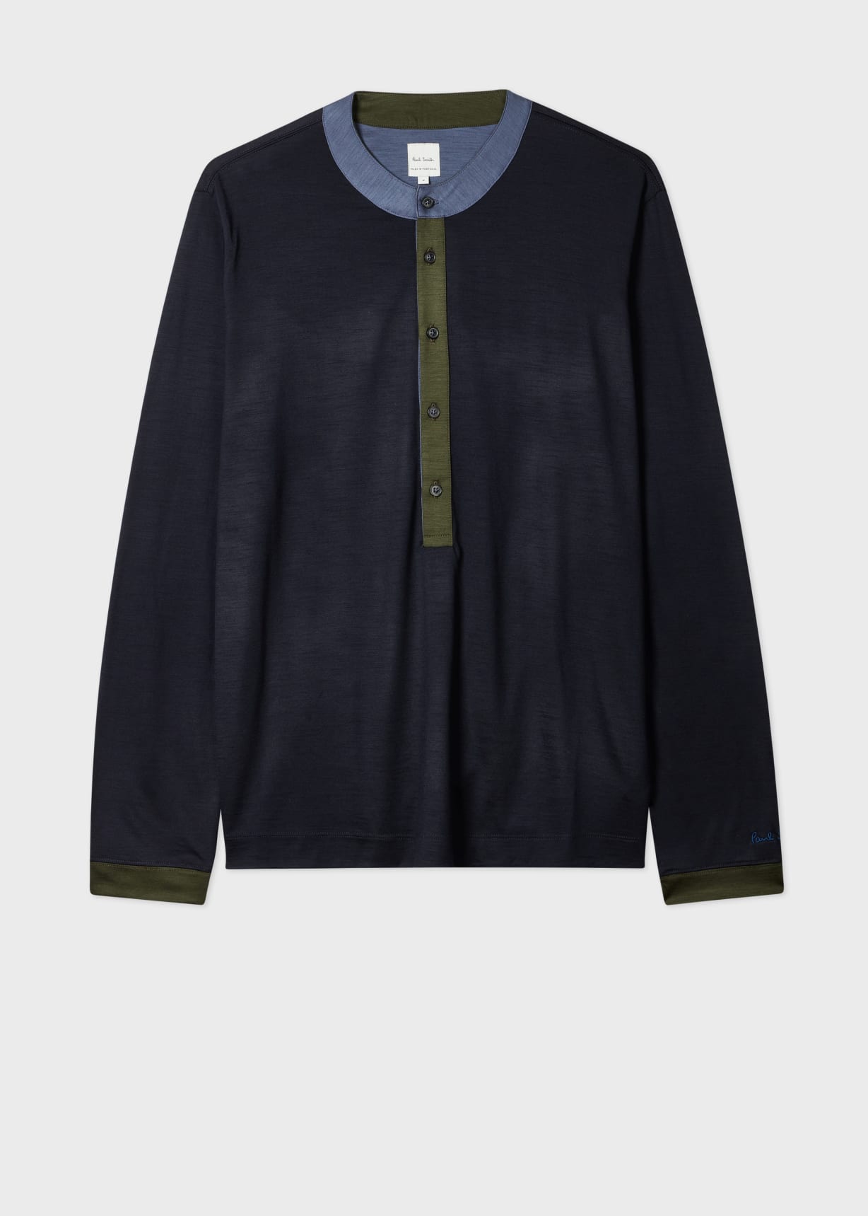 Men's Navy Merino Wool Contrast-Collar Henley Top