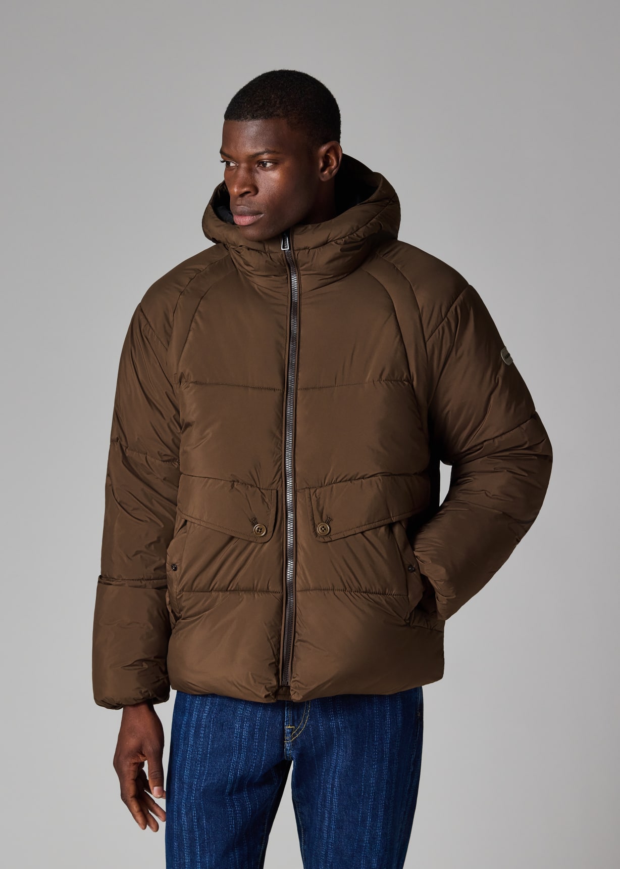 Men's Brown Recycled Polyester Hooded Puffer Jacket