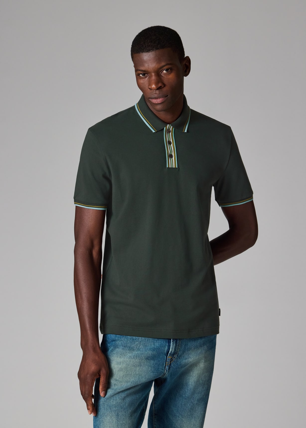 Men's Dark Green Polo Shirt With Stripe Tipping