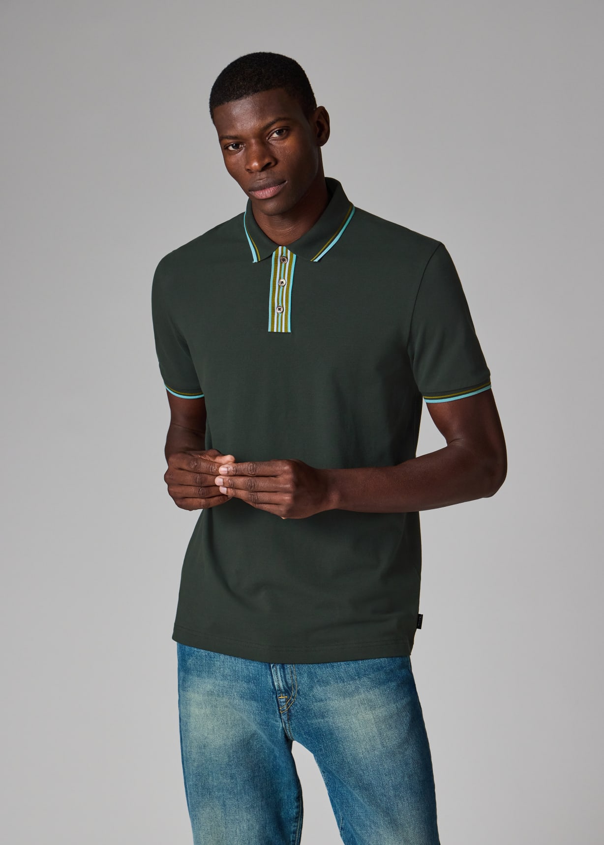Men's Dark Green Polo Shirt With Stripe Tipping