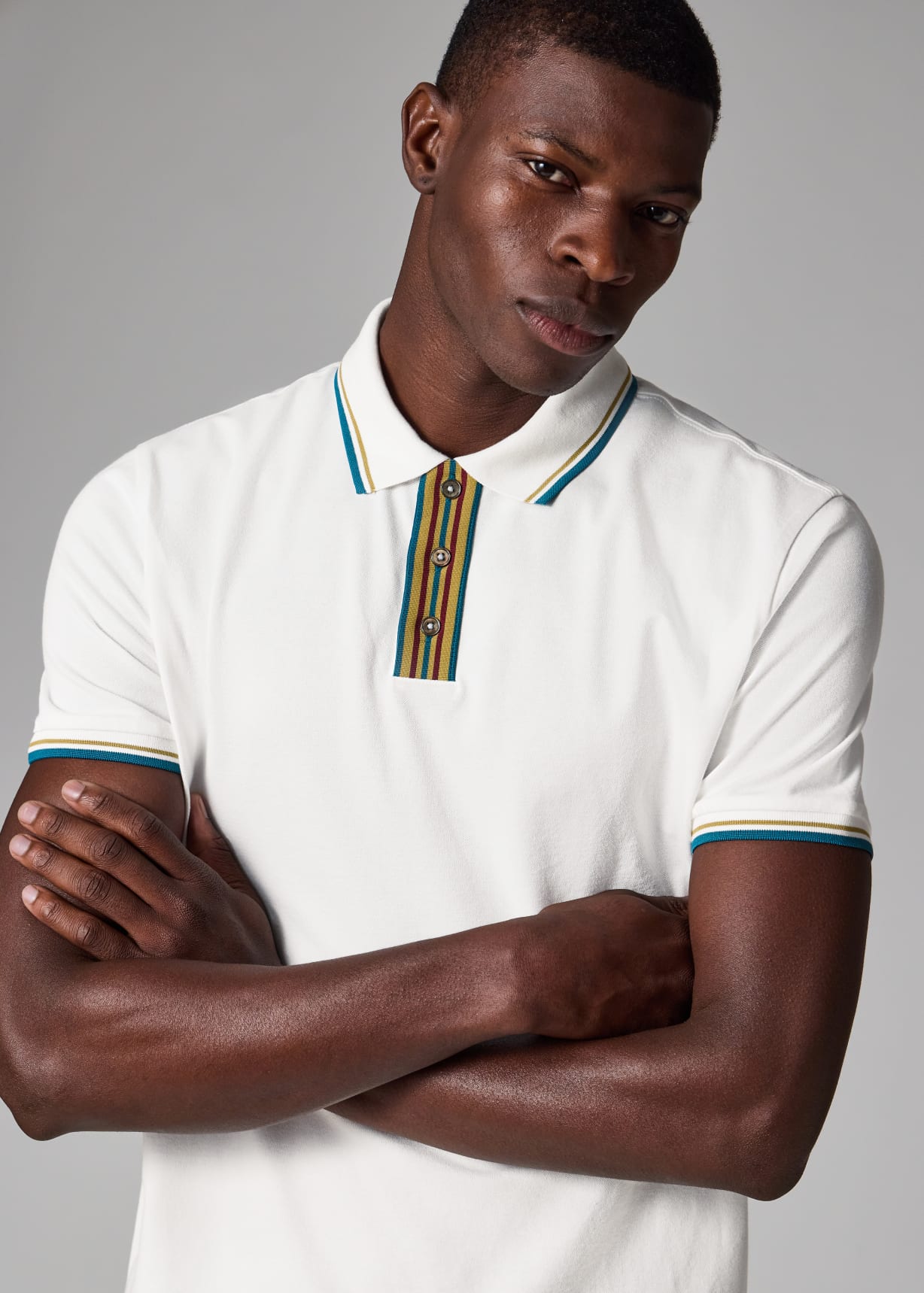 Men's Ecru Polo Shirt With Stripe Tipping