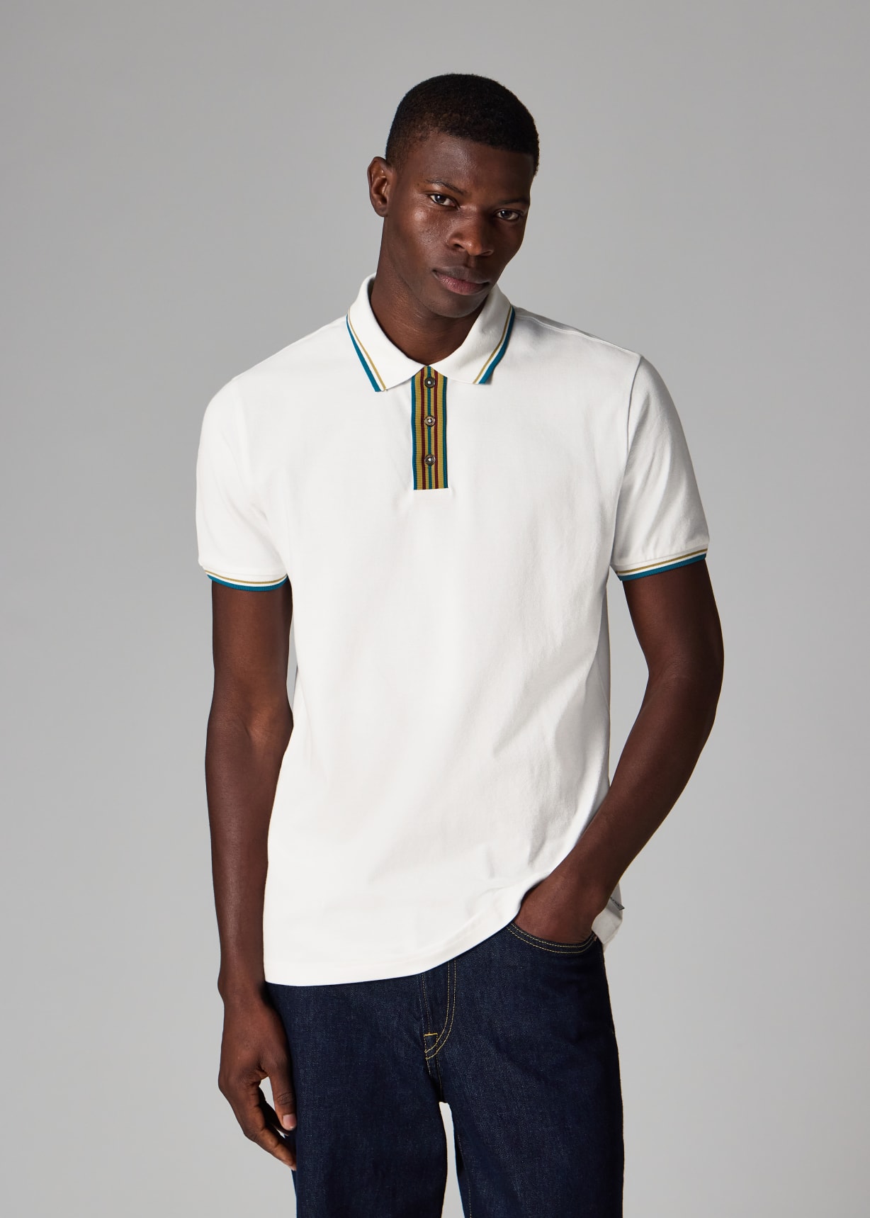 Men's Ecru Polo Shirt With Stripe Tipping
