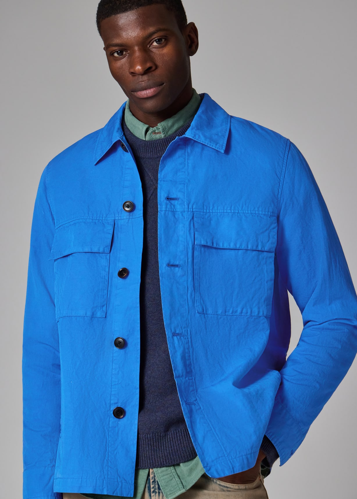 Men's Cobalt Blue Cotton-Linen Overshirt