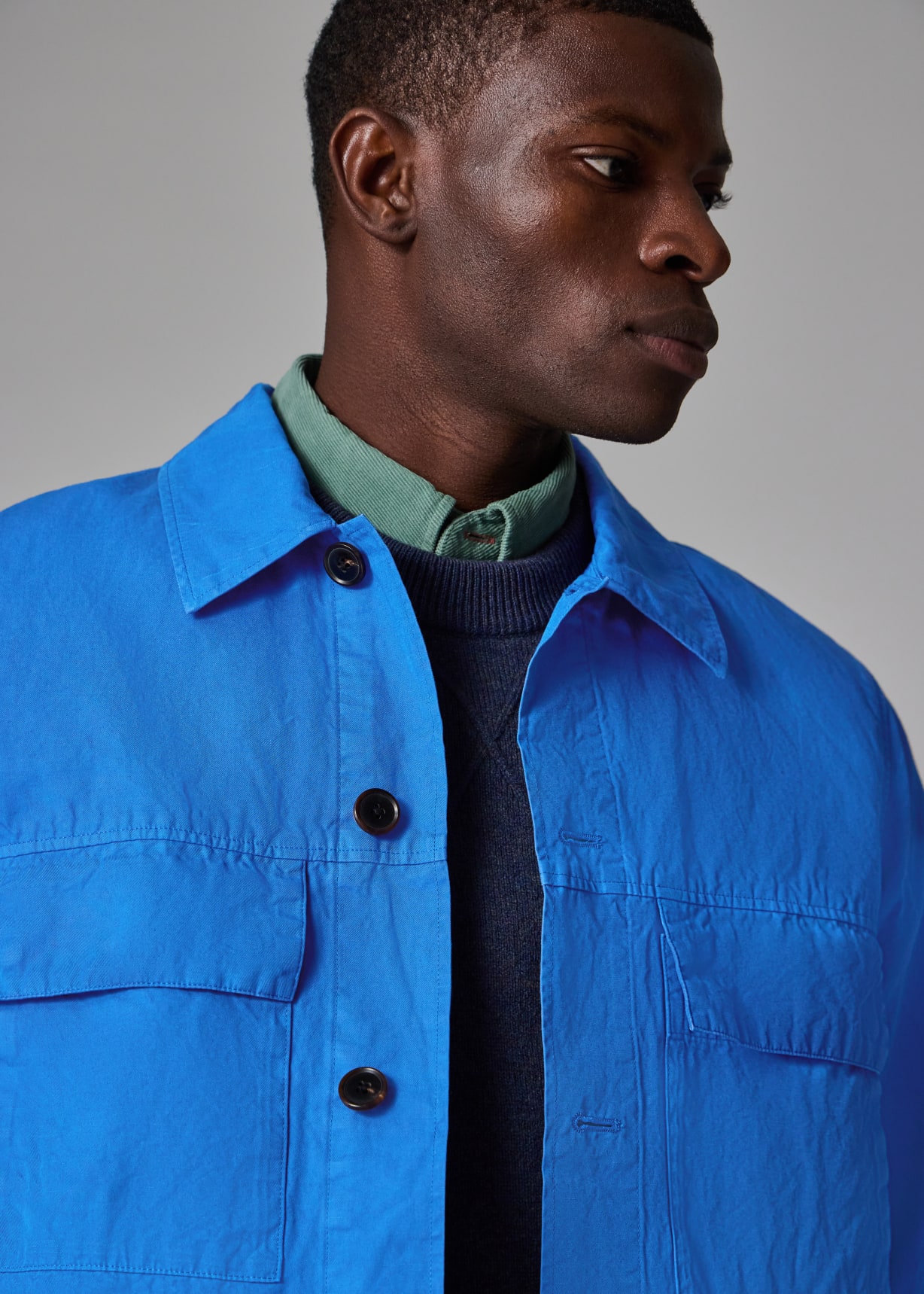 Men's Cobalt Blue Cotton-Linen Overshirt