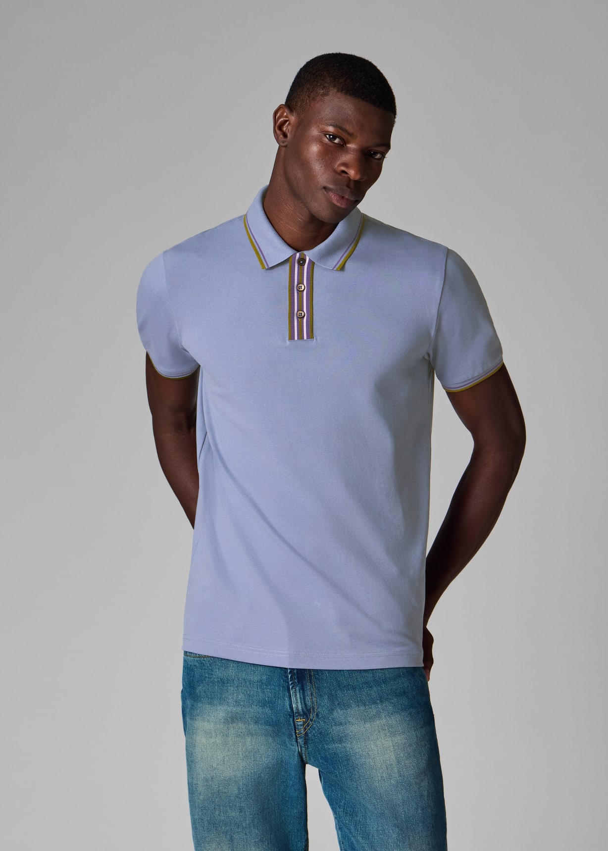 Men's Washed Indigo Polo Shirt With Stripe Tipping