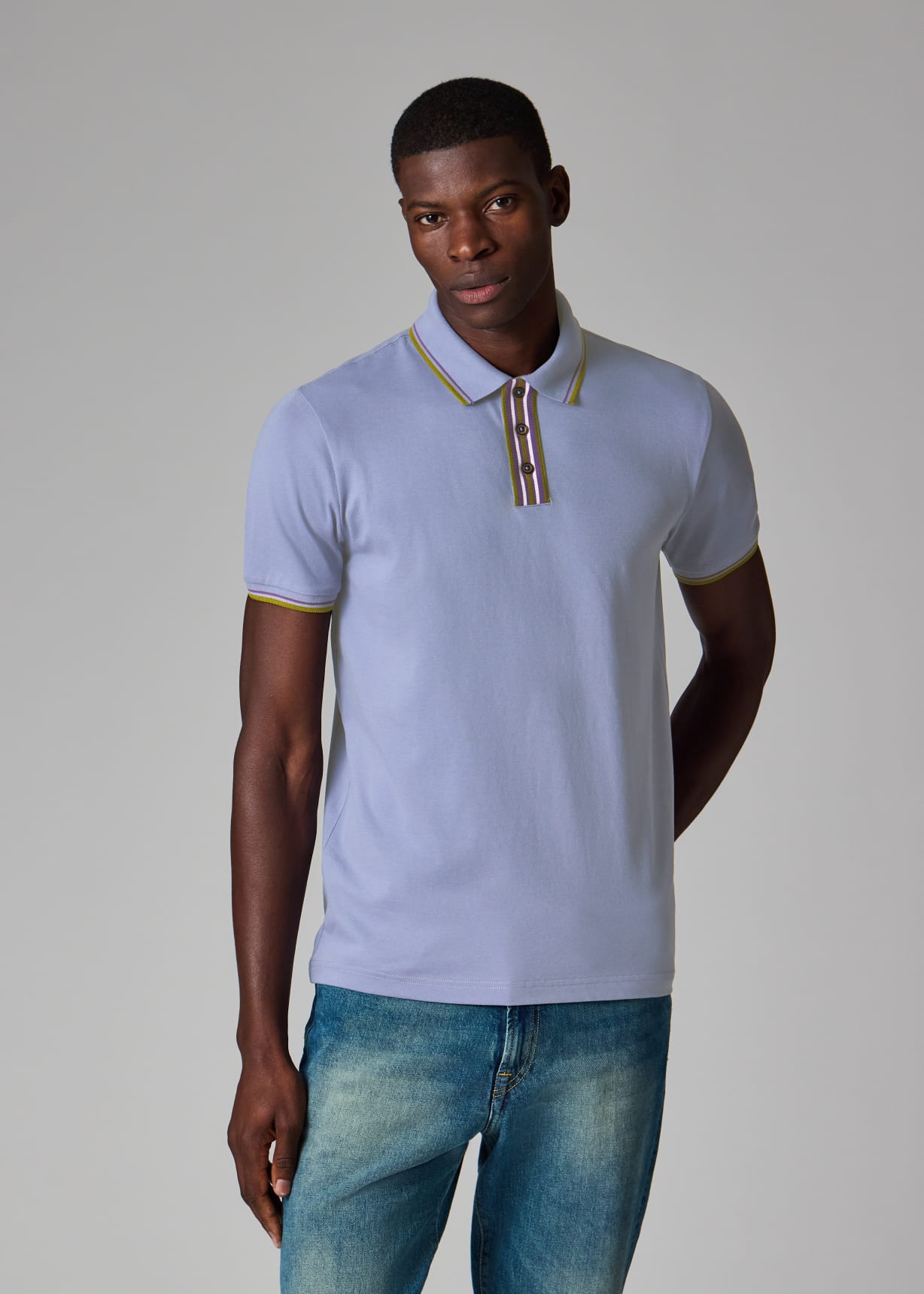 Men's Washed Indigo Polo Shirt With Stripe Tipping