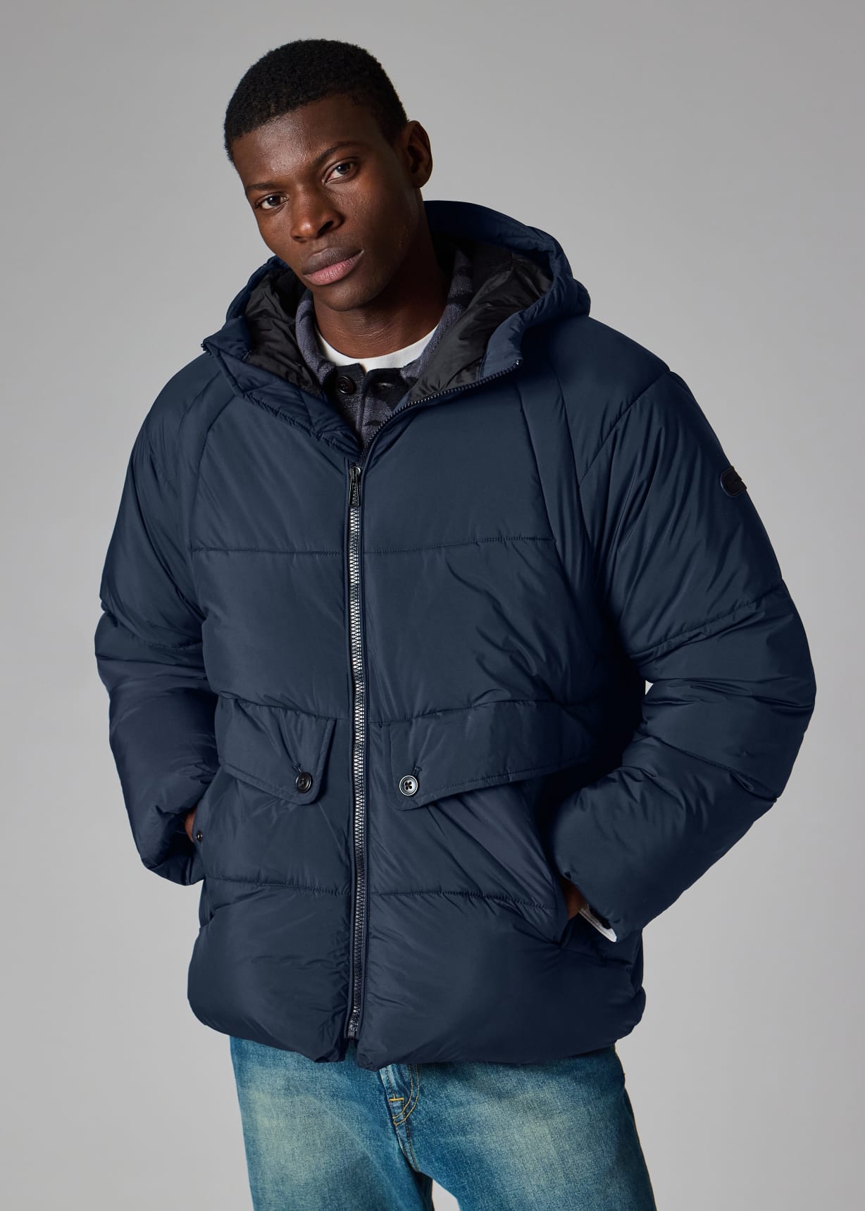 Men's Navy Blue Recycled Polyester Hooded Puffer Jacket