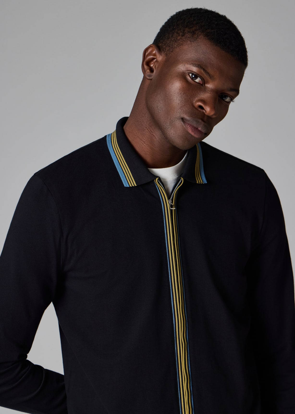 Men's Black Contrast Tipping Full-Zip Long-Sleeve Polo Shirt