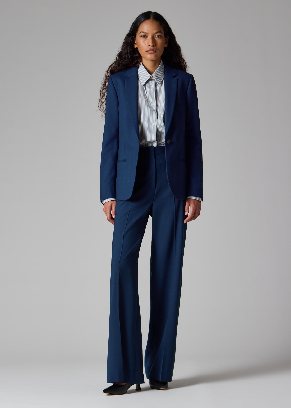 Women's Navy Wool-Hopsack Wide Leg Trousers