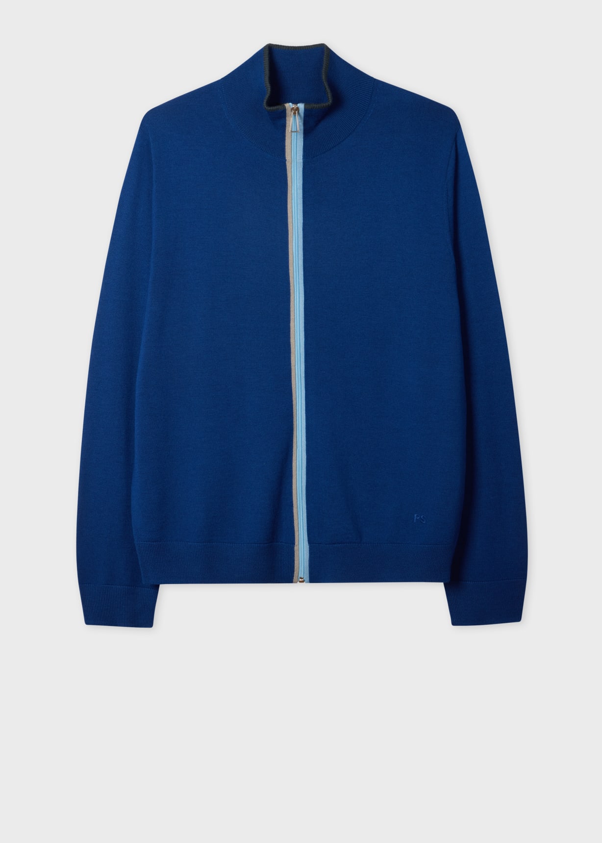 Men's Blue Merino Wool Zip-Through Cardigan