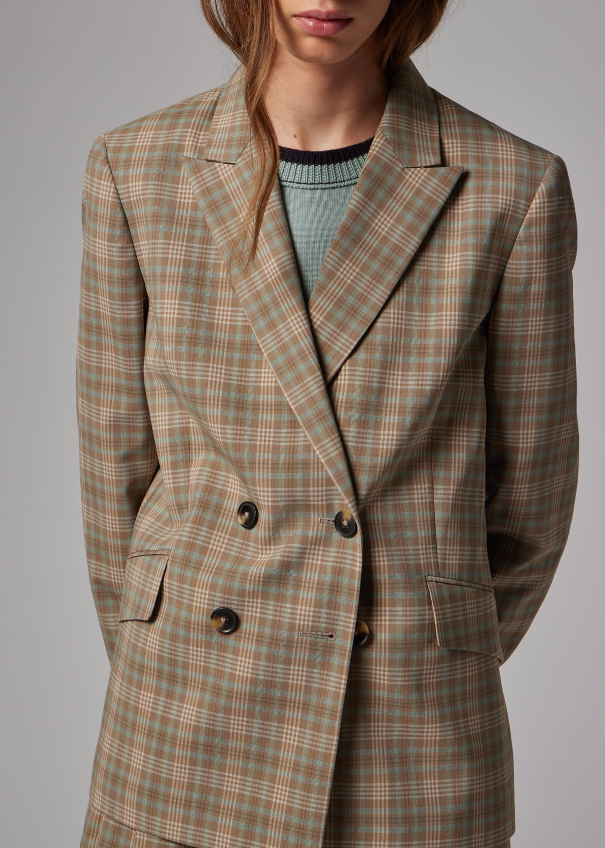 Women's Cream and Blue Check Double-Breasted Blazer