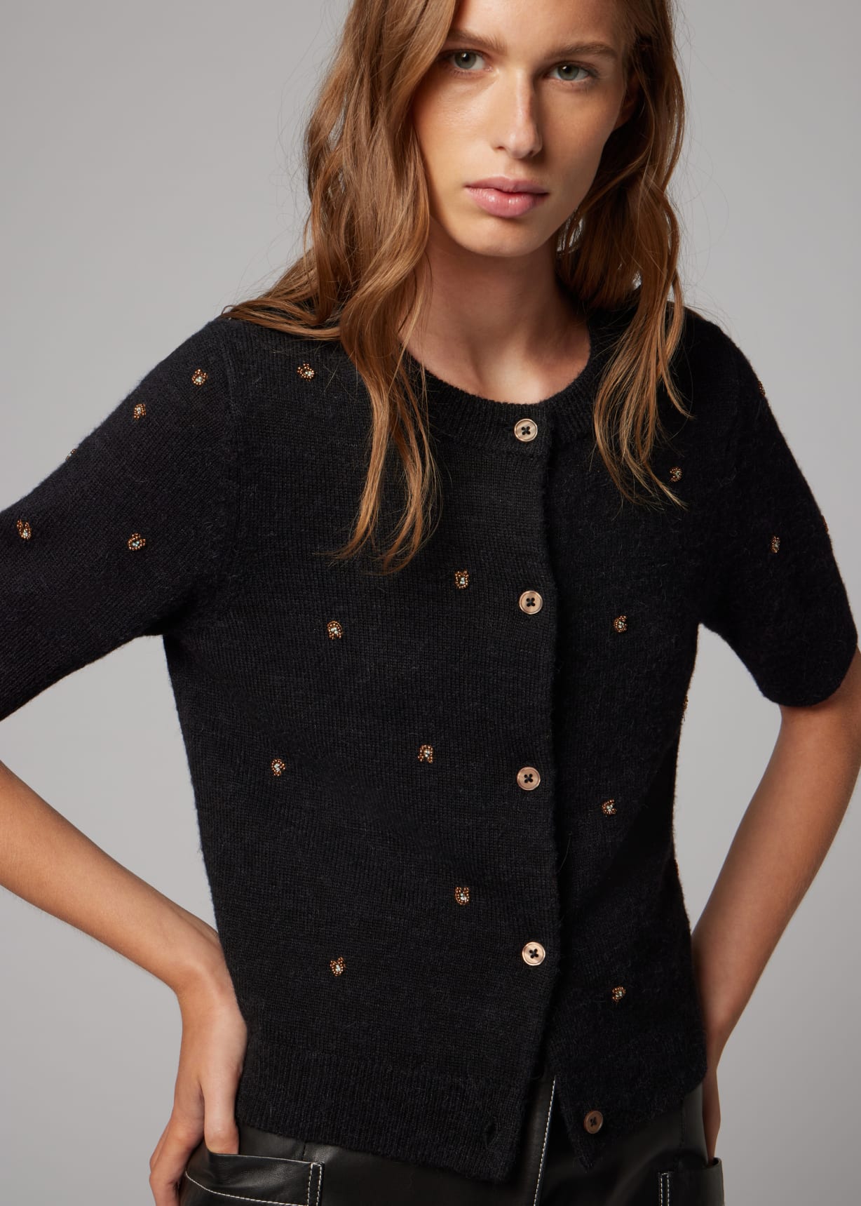 Women's Black Short-Sleeve Cardigan with Embroidery