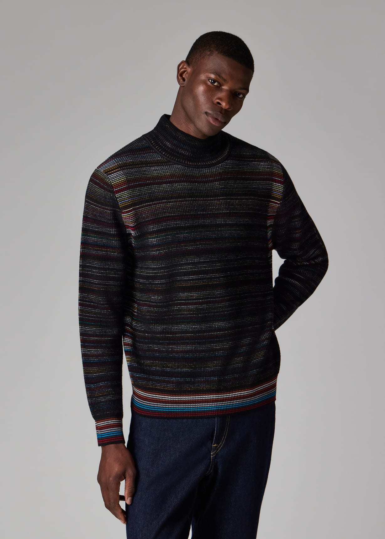Men's Black 'Signature Stripe' Merino Wool Waffle Roll Neck Sweater