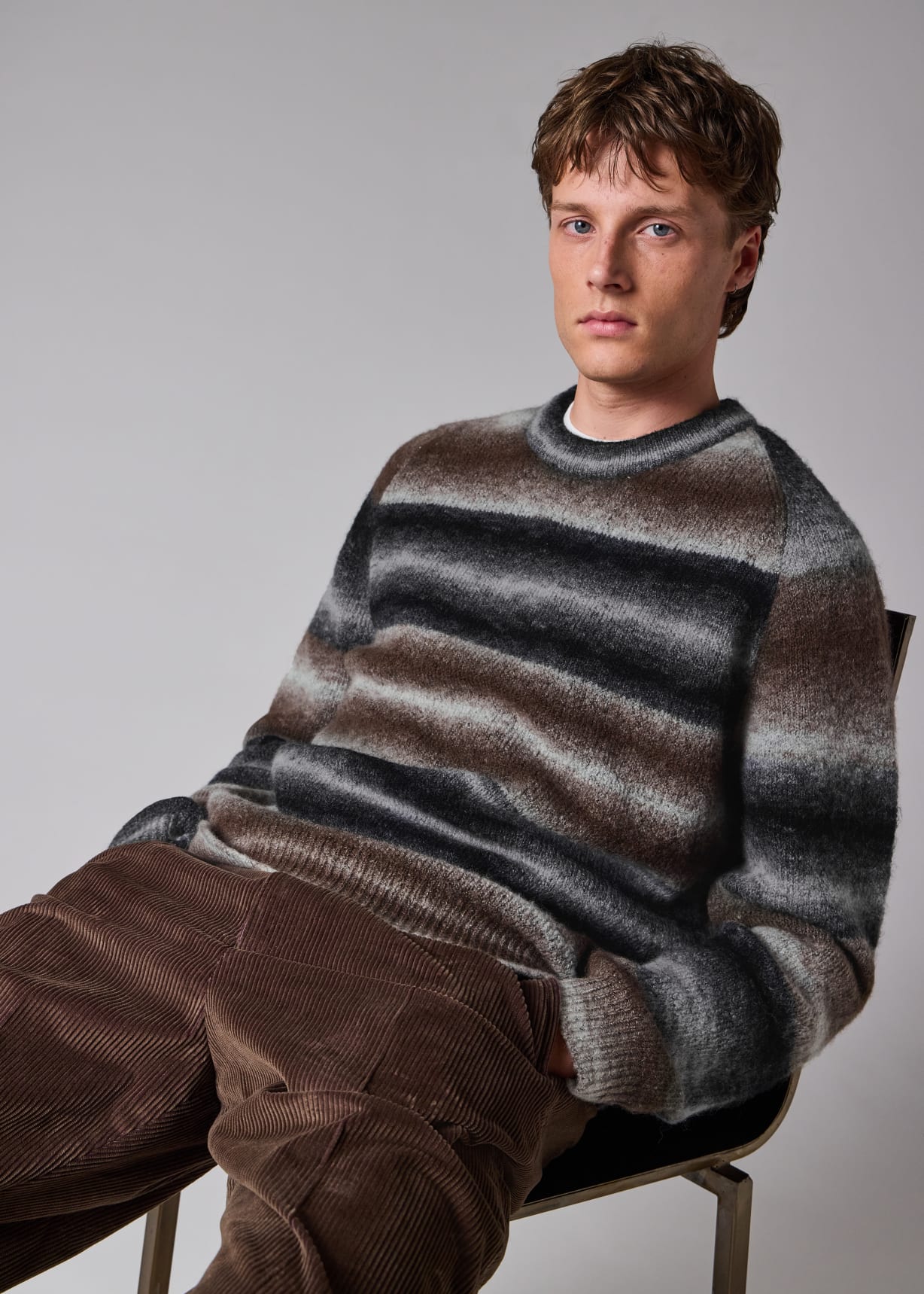 Men's Brown and Black Faded Stripe Sweater