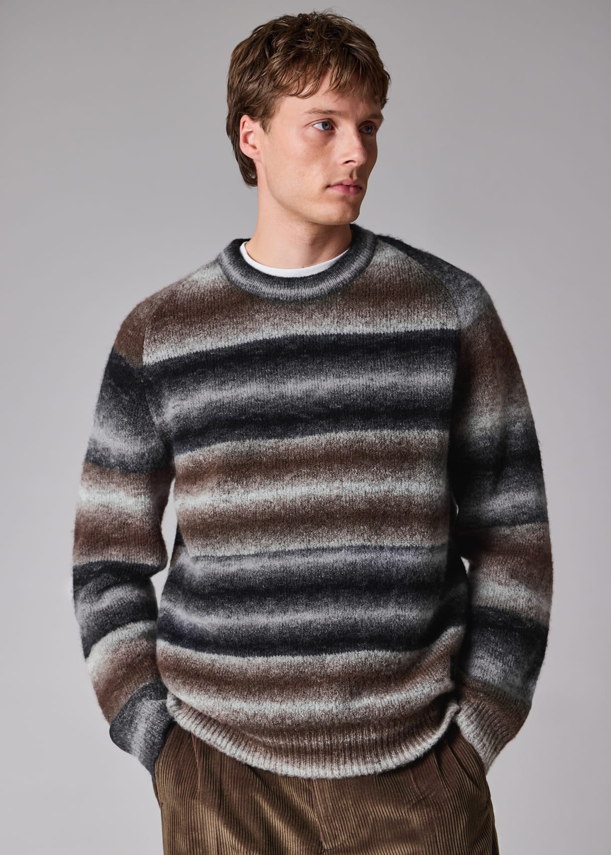Men's Brown and Black Faded Stripe Sweater