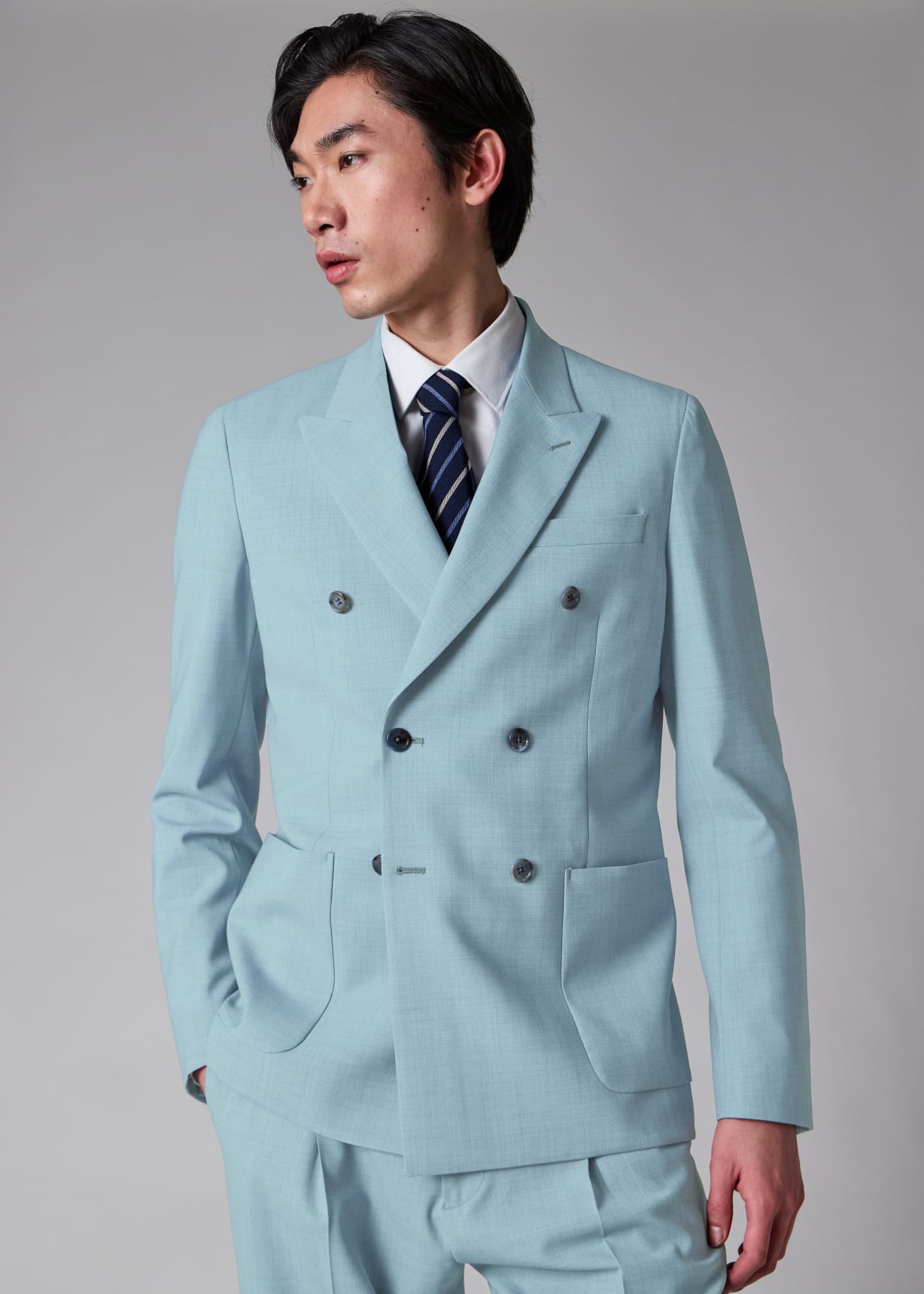 Men's Tailored-Fit Light Blue Overdyed Marl Wool Double-Breasted Suit