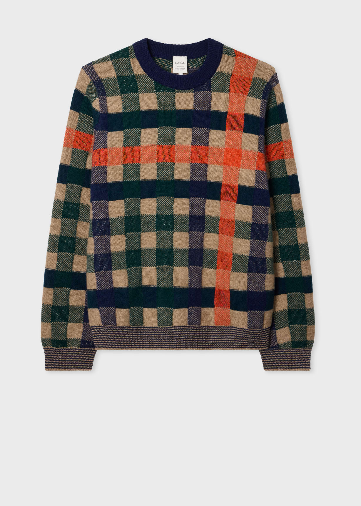 Men's Tan and Navy Check Lambswool Sweater