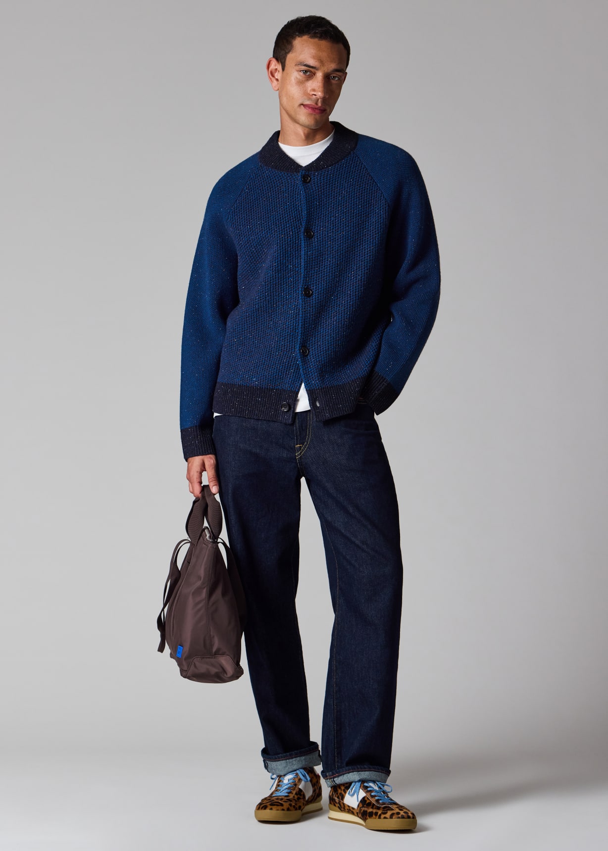 Men's Navy Tonal-Stitch Bomber Cardigan